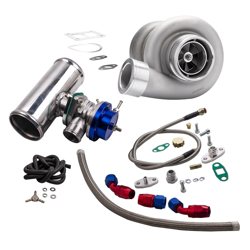 4PCS Universal GT45 Turbocharger Kit + Oil Feed and Return Line + BOV ...